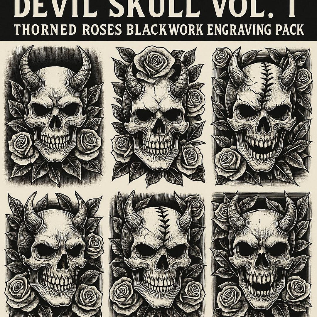 Devil Skull & Roses Blackwork Tattoo Art (PNG Digital Download) - Etsy