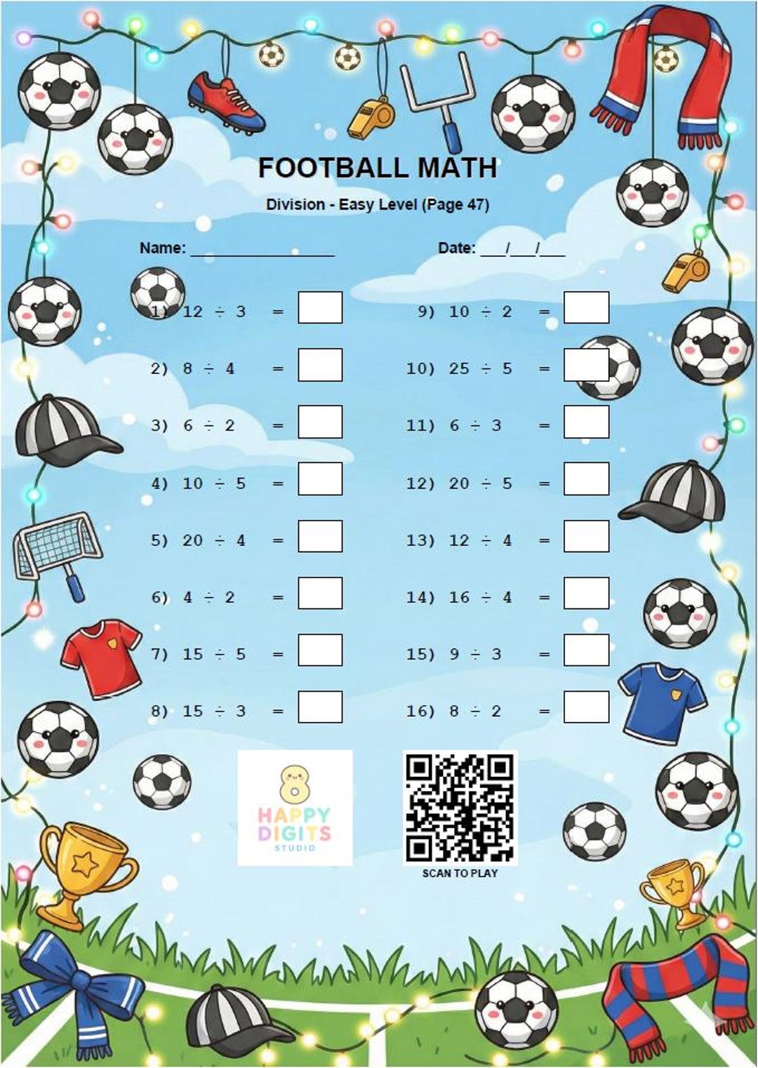 Football Math Worksheets for Kids | Printable Workbook + QR Code Games ...