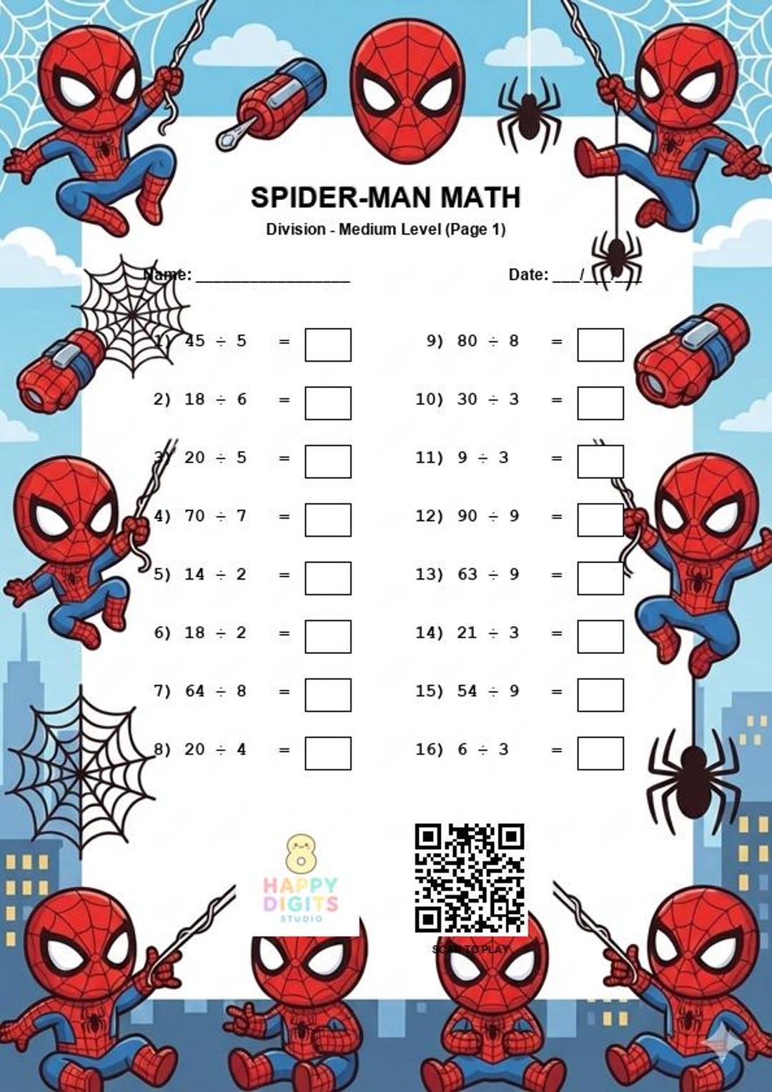 Spiderman Math Worksheets for Kids | Printable Workbook + QR Code Games ...
