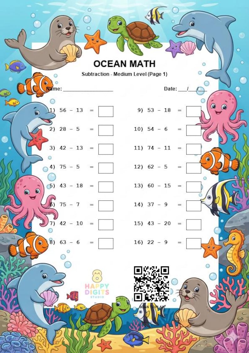 Oceantheme Math Worksheets for Kids With QR Code Games | 60 Page ...