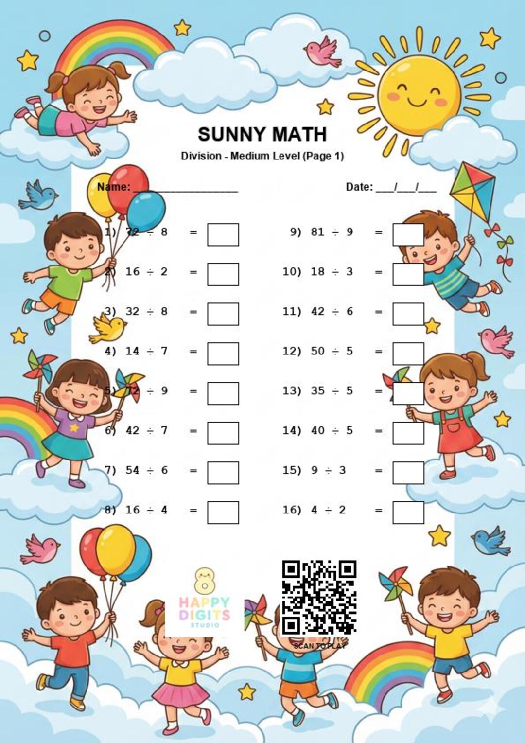 Sunny Day Math Worksheets for Kids | Printable Workbook + QR Code Games ...