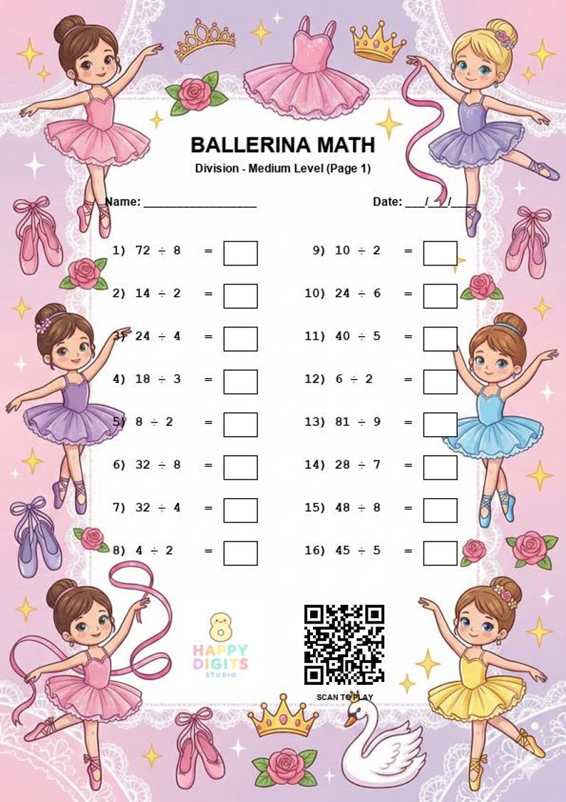 Ballerina Theme Math Worksheets for Kids With QR Code Games | 60 Page ...