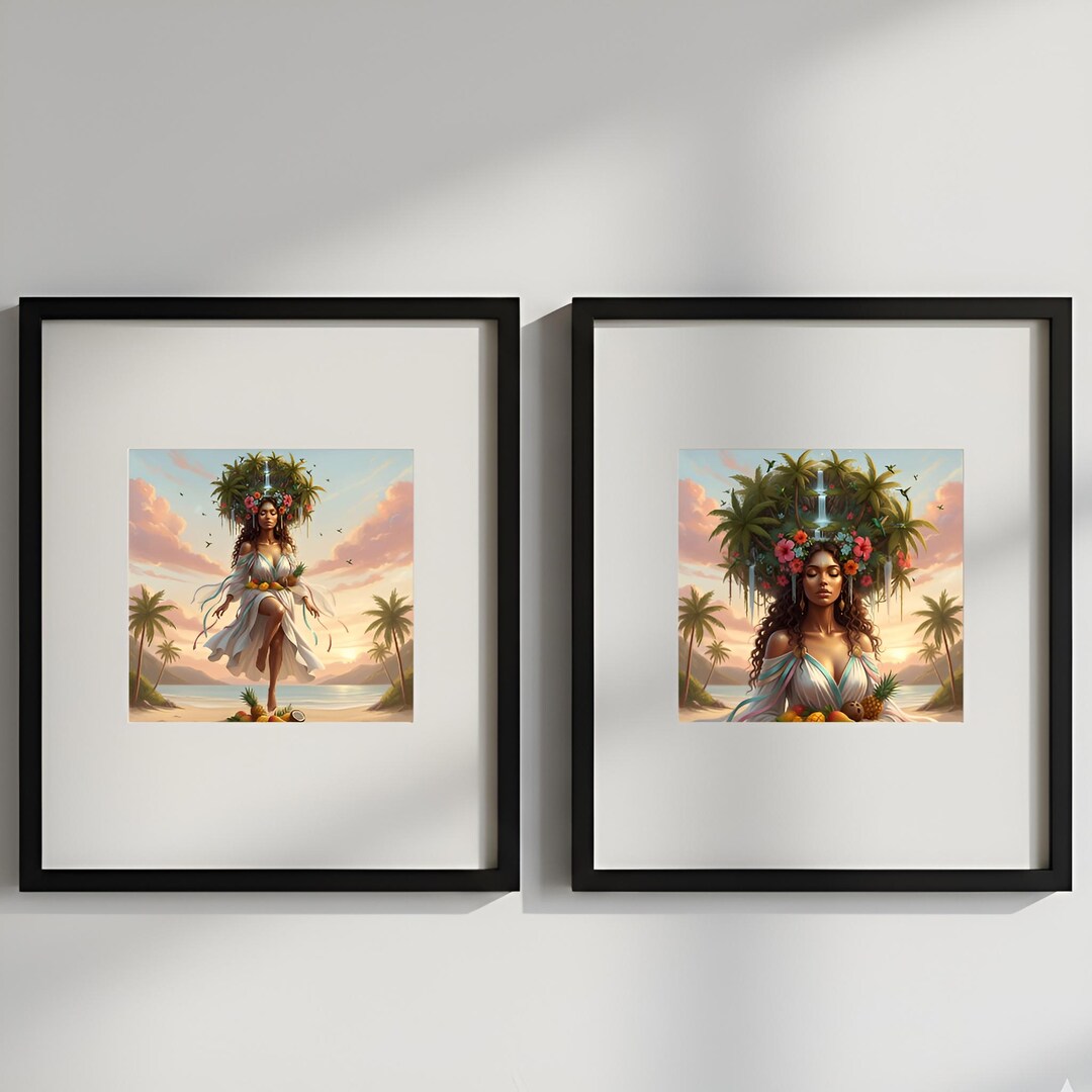 Surreal Caribbean Goddess Wall Art Set of 2, Tropical Mythic Women ...