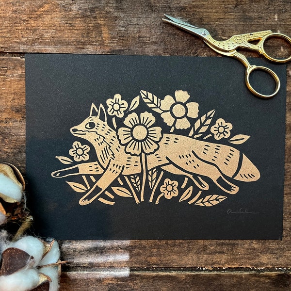 Linocut Fox Print - Etsy