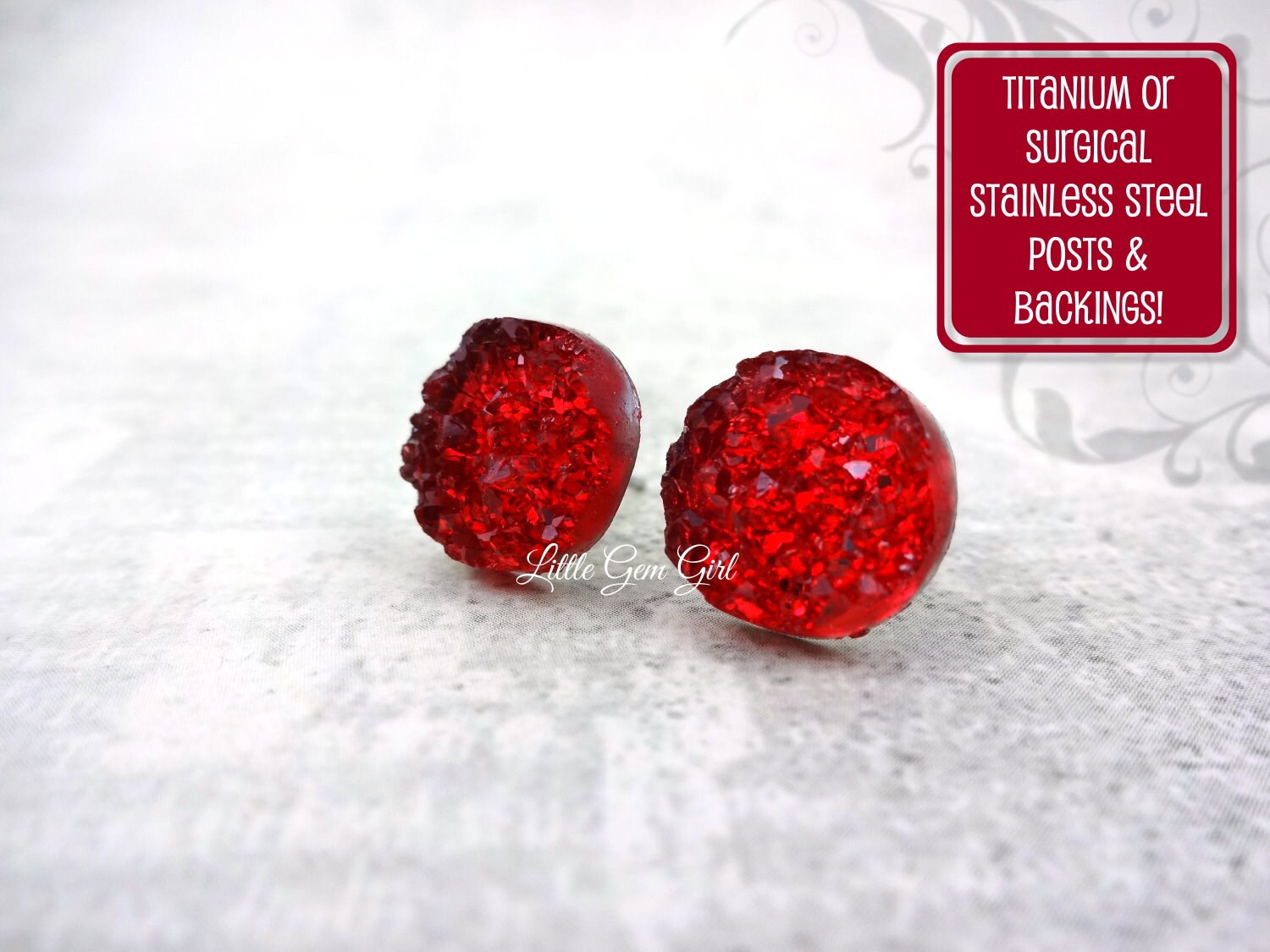 Crystal Ruby Red Druzy Stud Earrings - Faux Post Titanium or Stainless ...