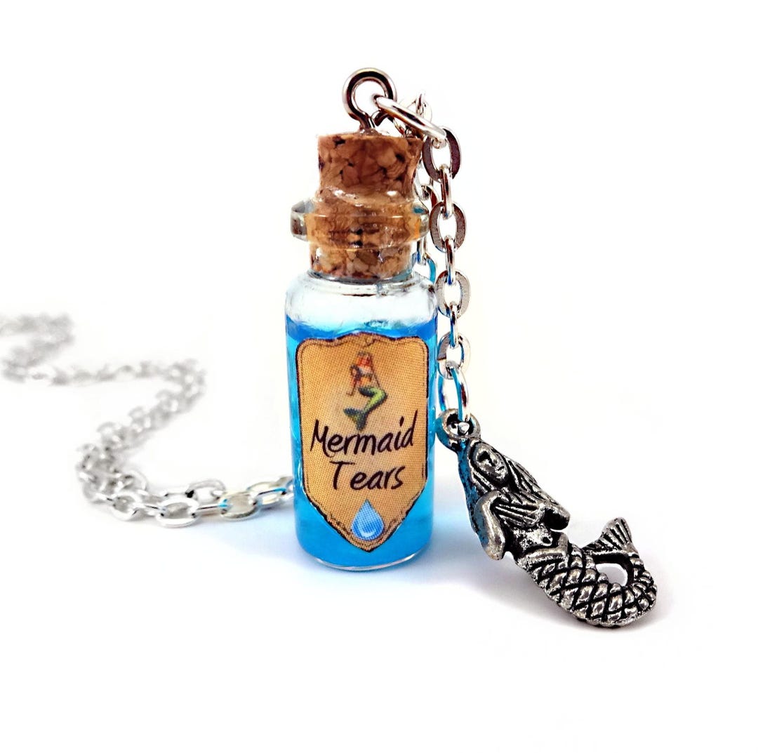 Mini Mermaid Tears Bottle Necklace - Glass Potion Vial Charm With Blue ...