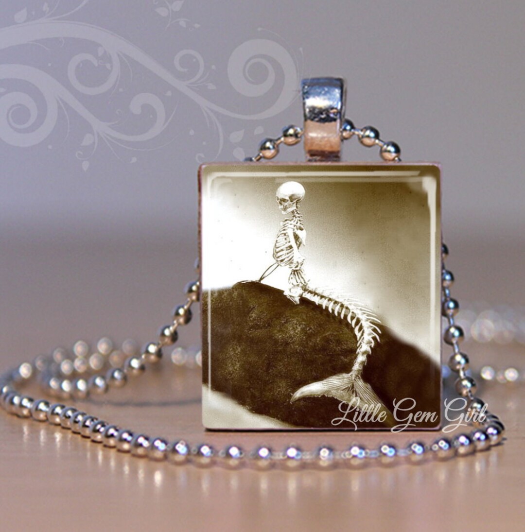 Vintage Mermaid Necklace - Merman Skeleton Charm - Creepy Gothic ...