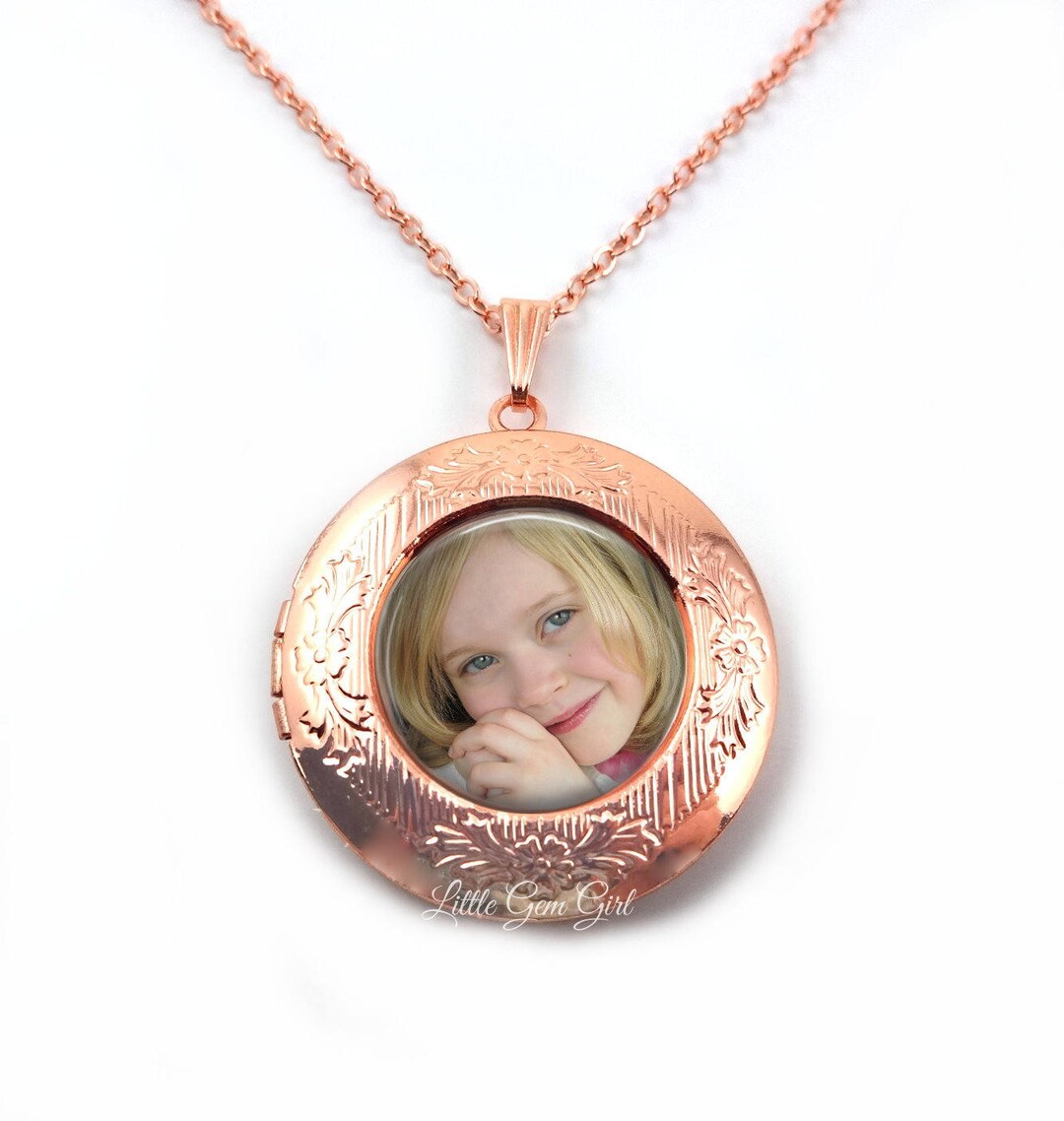 Rose Gold Photo Locket Necklace - Holds up to 3 Photos - Round Picture ...