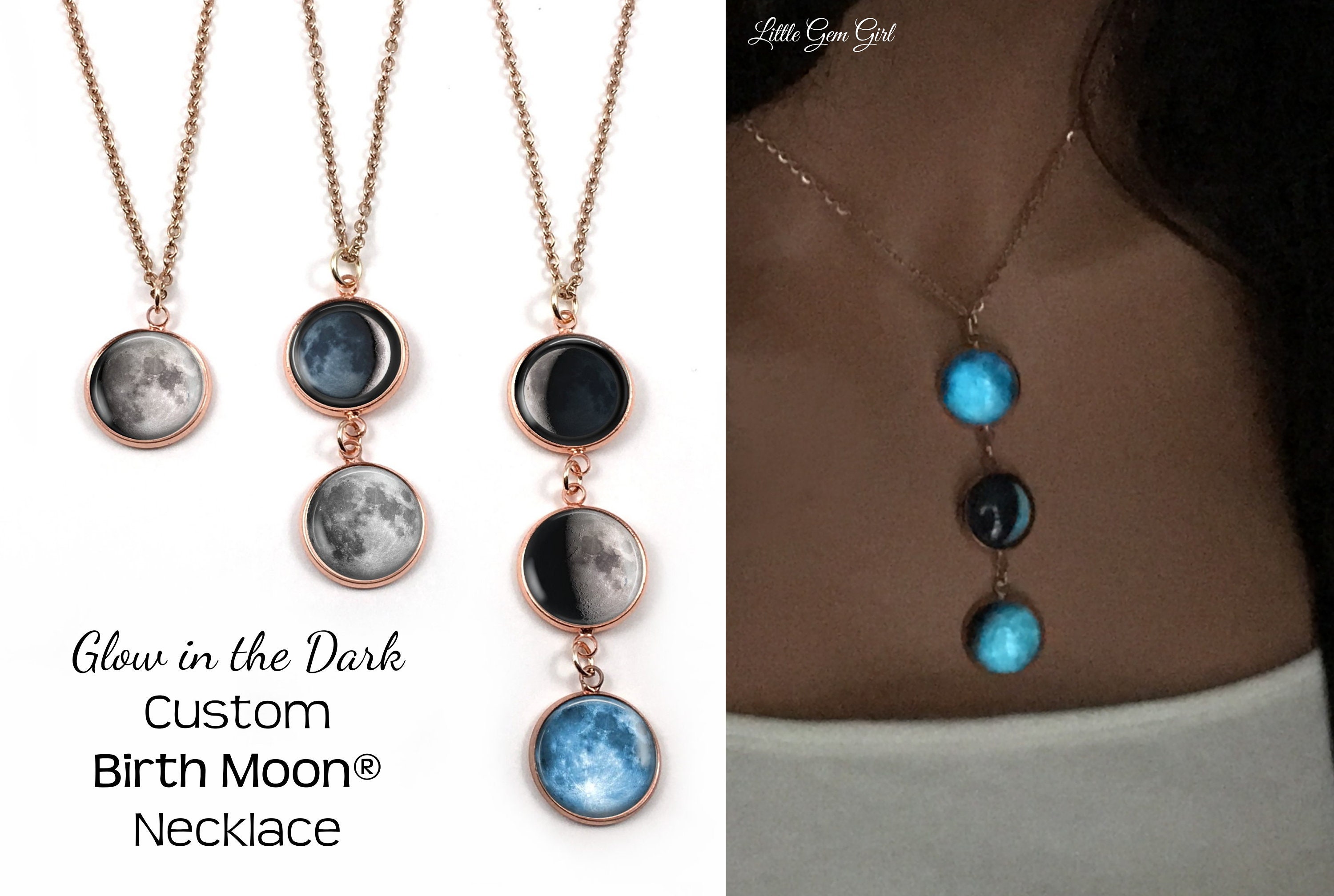 Rose Gold Custom Glowing Birth Moon Necklace 1 to 4 Moon | Etsy