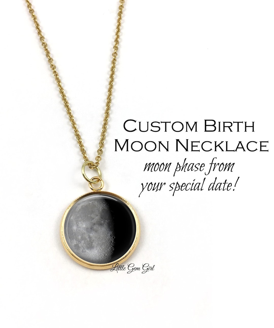 Gold Stainless Steel Custom Birth Moon Charm Necklace - Personalized ...