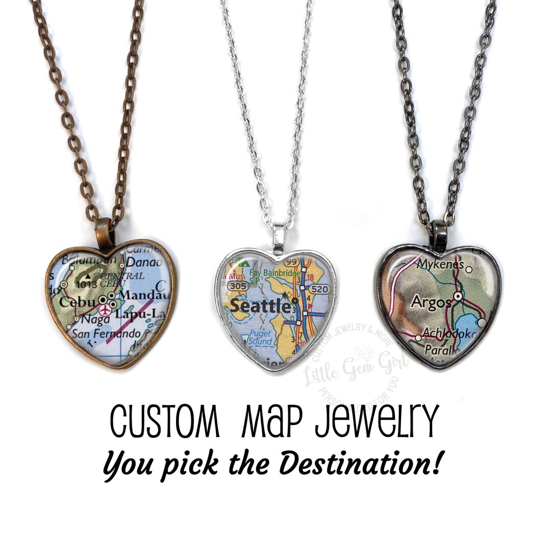 Custom Heart Map Necklace or Key Chain Charm - Personalized Vintage Map ...