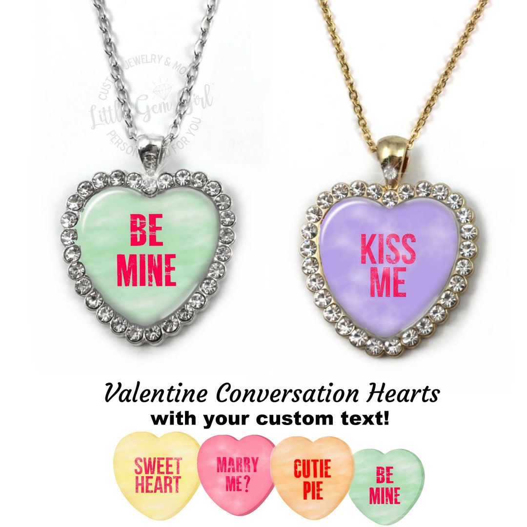 Valentine's Day Conversation Heart Necklace Rhinestones Silver or Gold ...