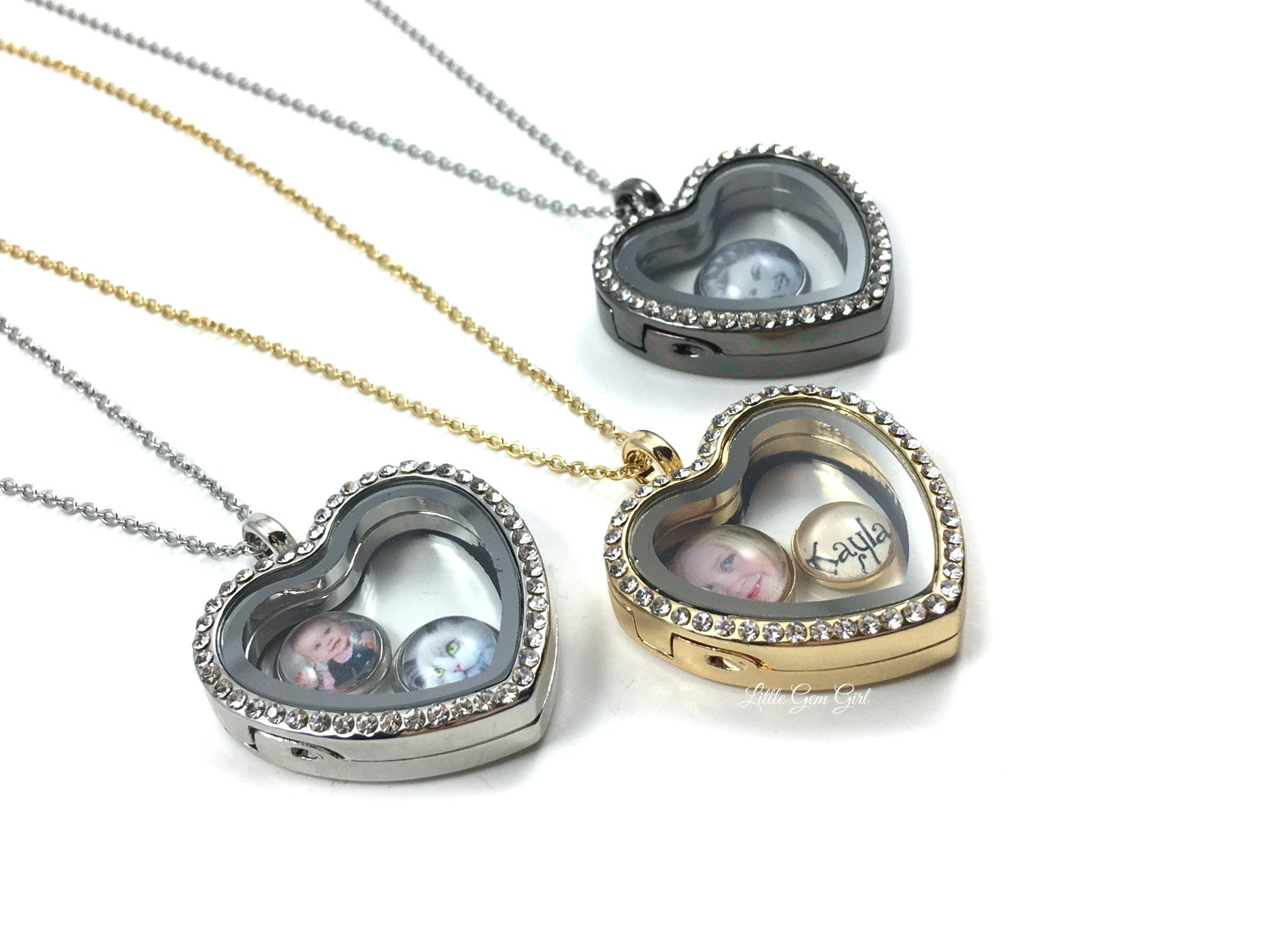 Custom Photo Heart Locket Rhinestone Floating Locket in - Etsy