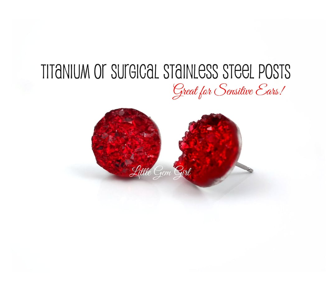 Crystal Ruby Red Druzy Stud Earrings - Faux Post Titanium or Stainless ...