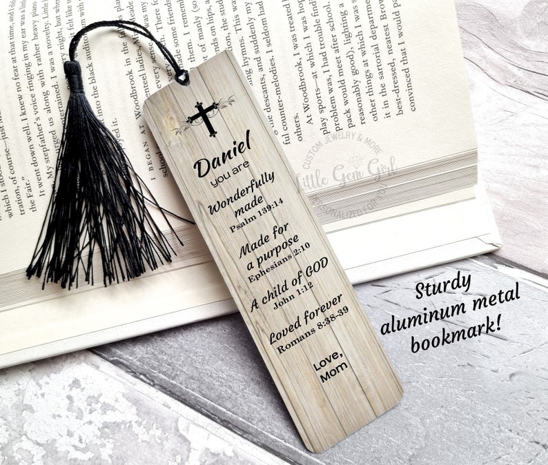 Custom Name Bible Bookmark - Sturdy Aluminum Metal - Personalized Christian Gift - Wood Image ...