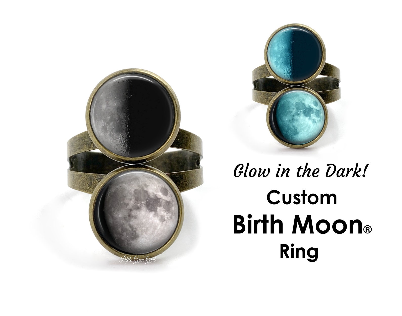 Glow in the Dark Custom Birth Moon Ring With Double Lunar Phases ...