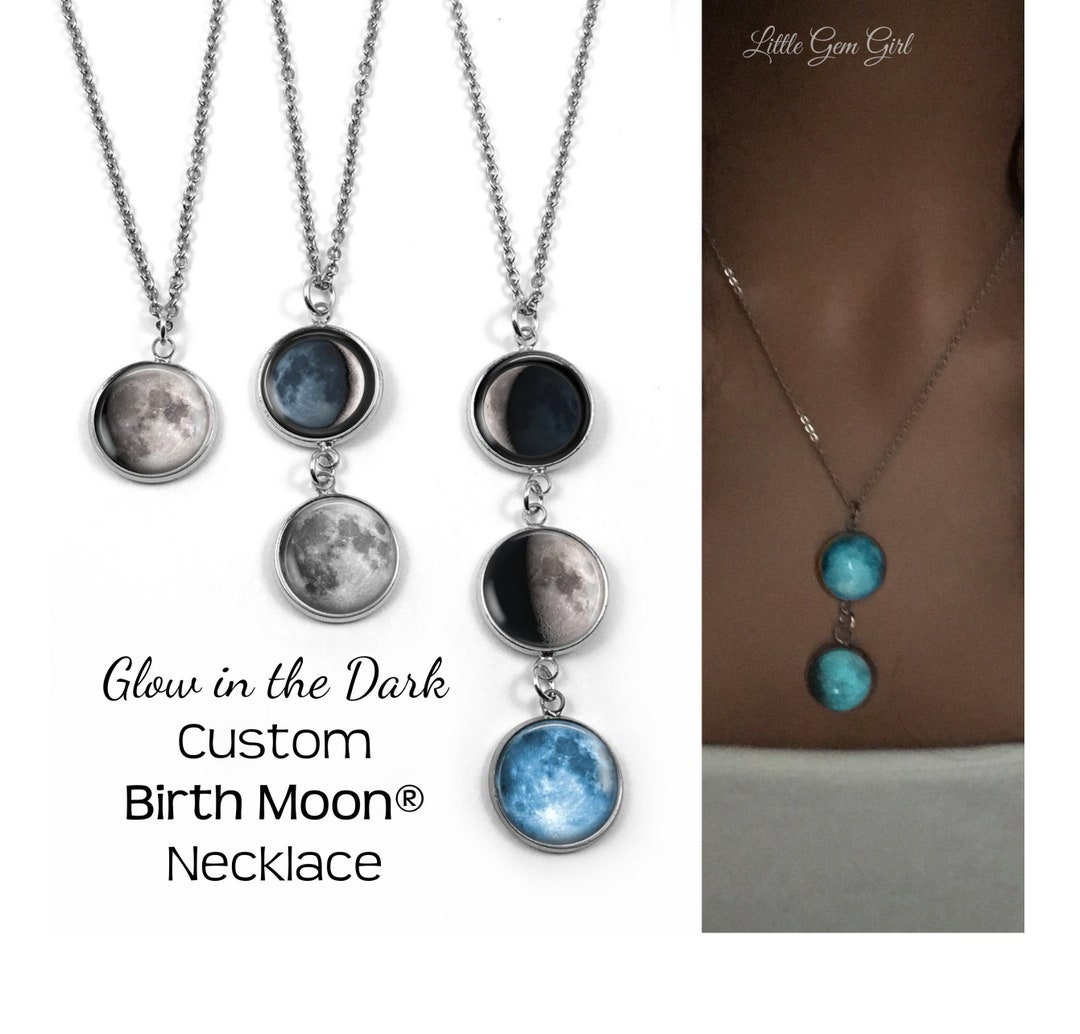 Glowing Stainless Steel Custom Birth Moon Necklace - Lunar Phase ...