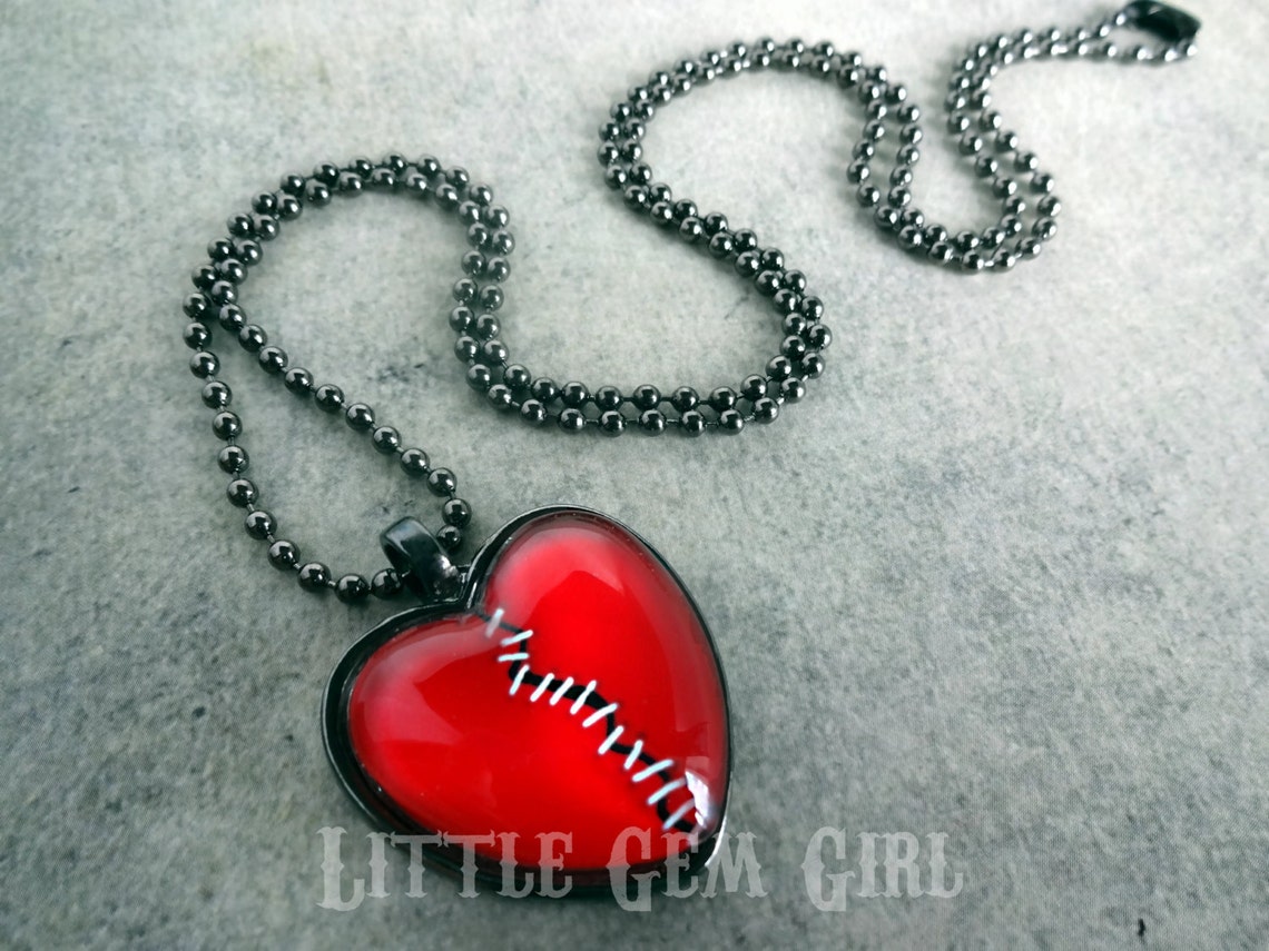 Valentine Day Stitched Broken Heart Necklace Love Hurts Red - Etsy
