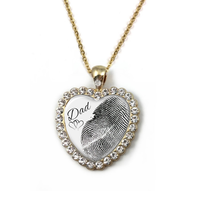 Actual Fingerprint Necklace - Custom Imprint Jewelry - Rhinestone Heart ...