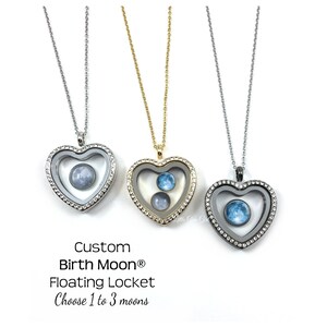 Custom Birth Moon Floating Heart Locket Necklace With Rhinestones and 1 ...