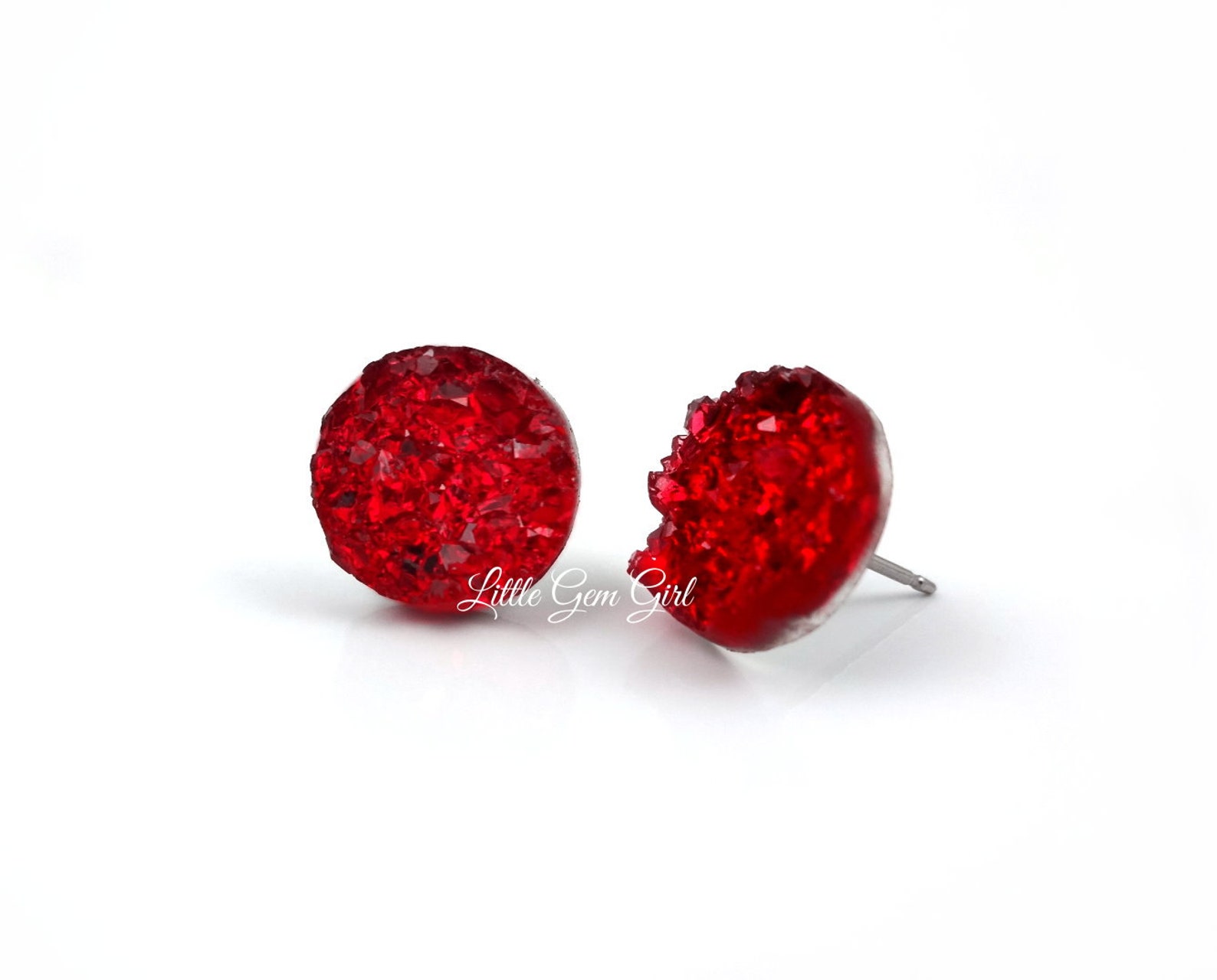 Crystal Ruby Red Druzy Stud Earrings - Faux Post Titanium or Stainless ...