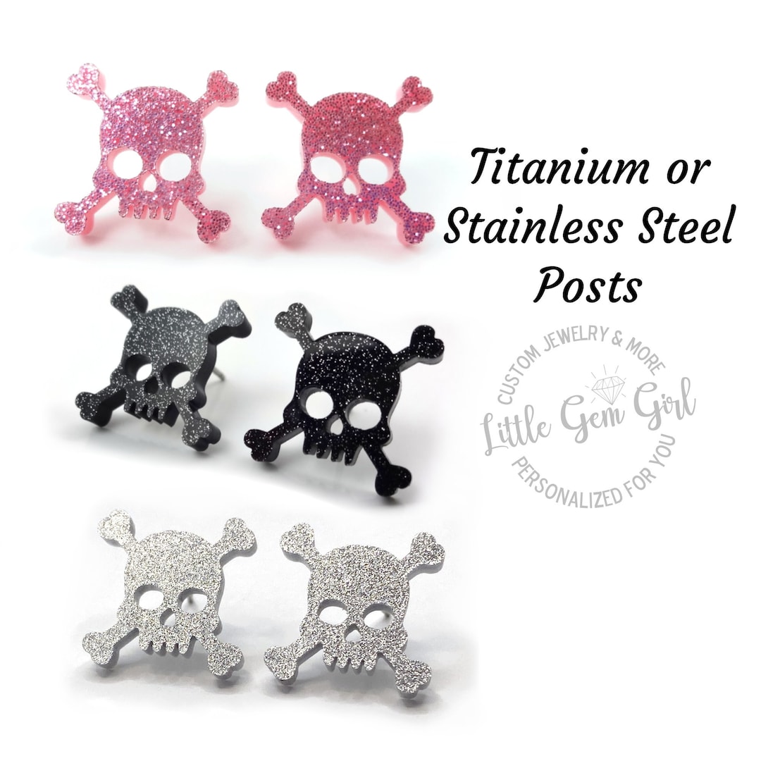 Glittered Skull and Crossbones Stud Earrings With Titanium or Stainless ...
