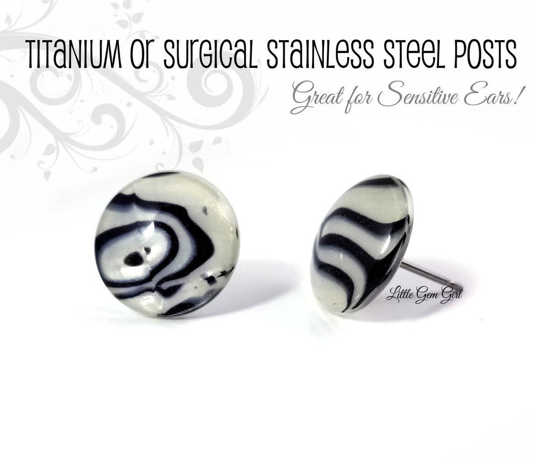 12mm Black and White Zebra Shell Stud Earrings Titanium or Stainless ...