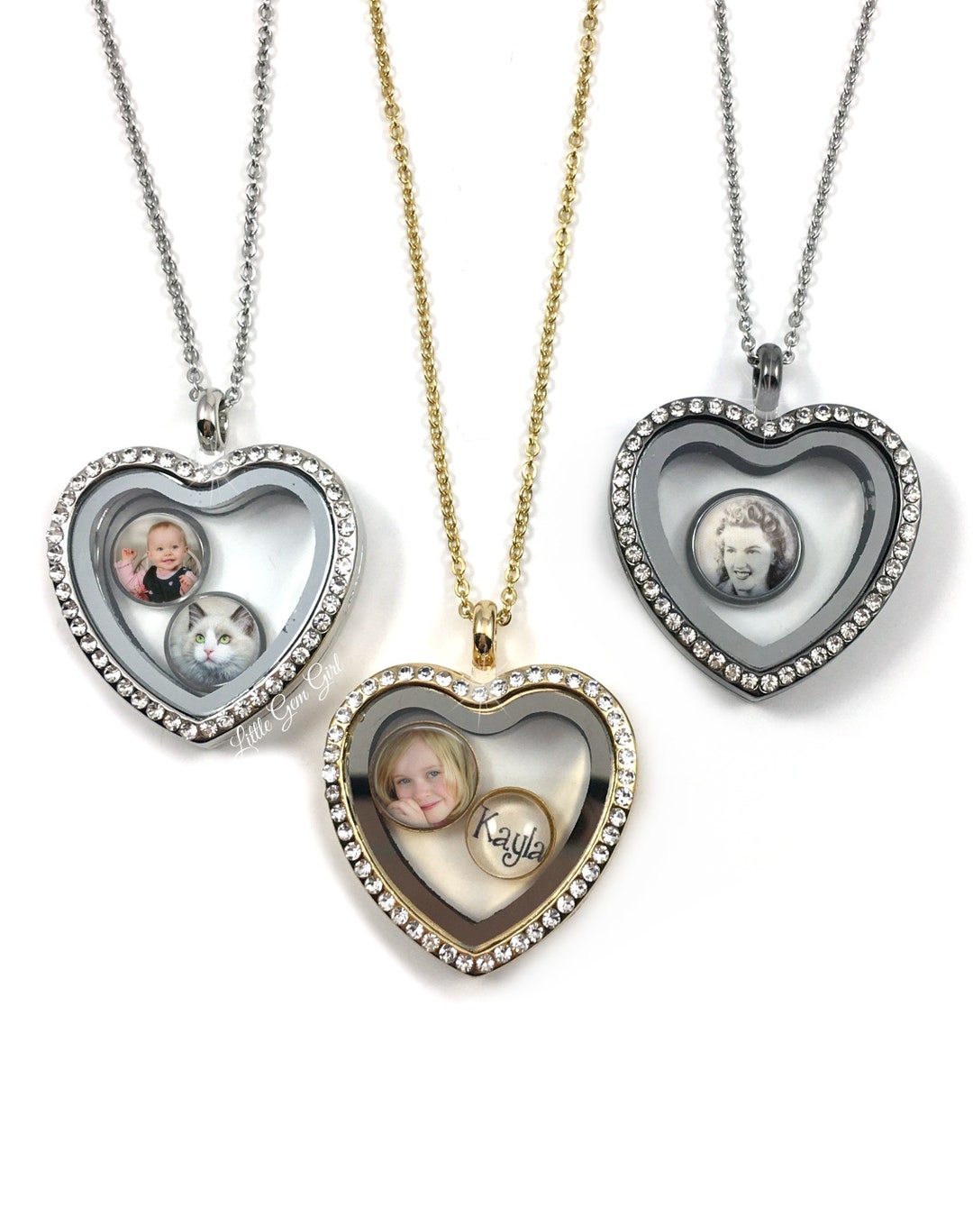 Custom Photo Heart Locket - Rhinestone Floating Locket in Silver, Gold ...