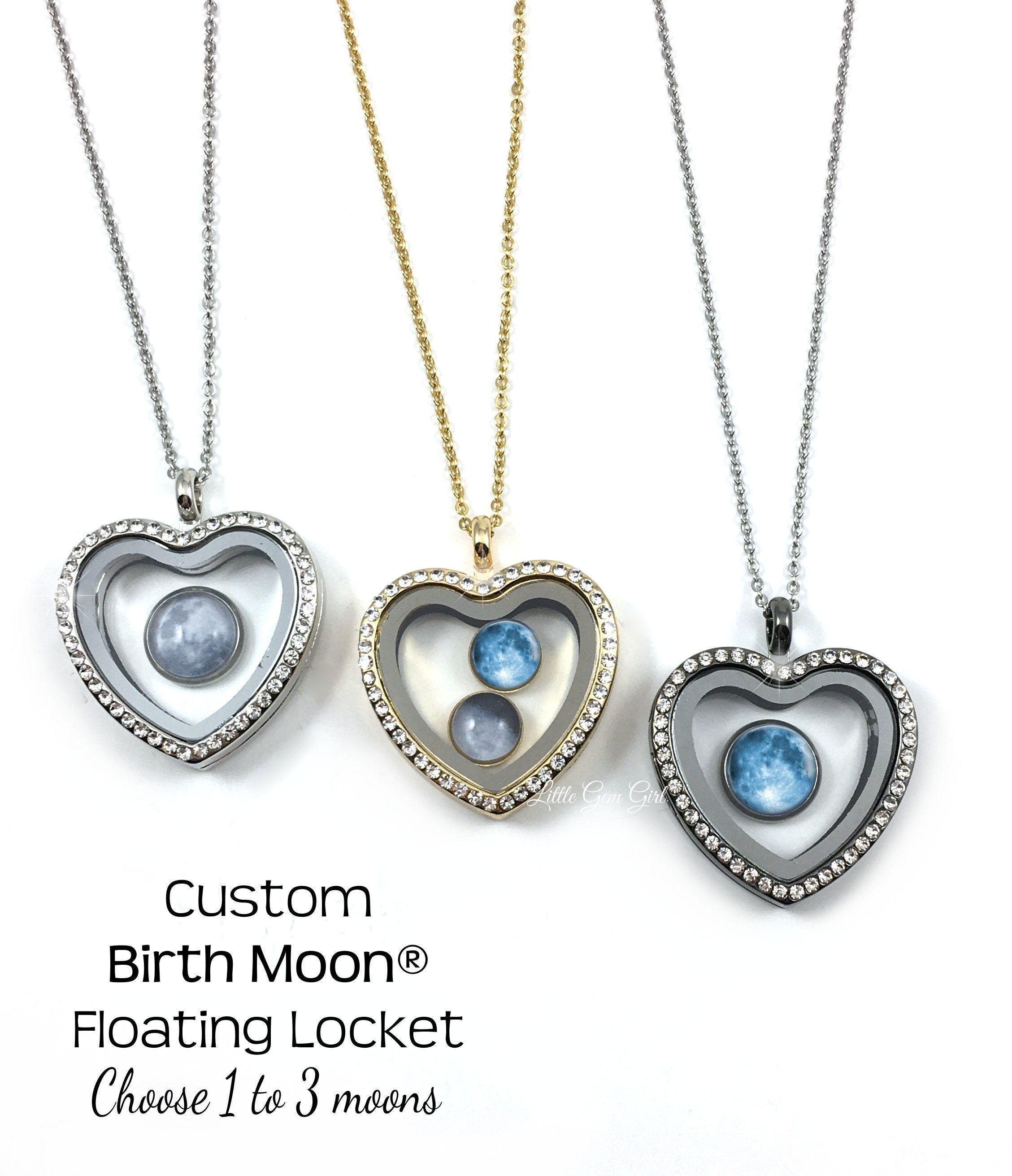 Custom Birth Moon Floating Heart Locket Necklace with | Etsy