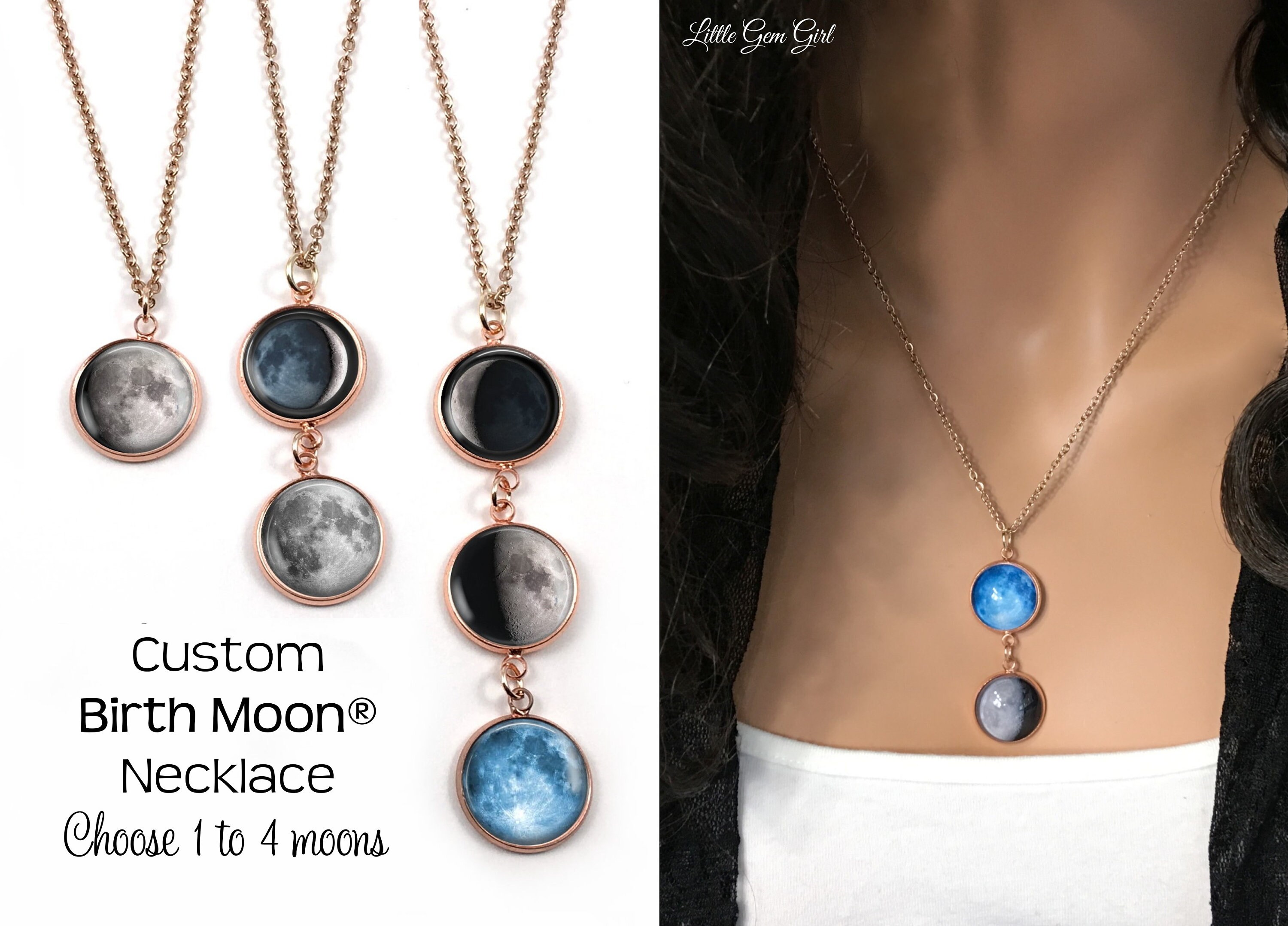 Rose Gold Custom Birth Moon Necklace 1 to 4 Moon Phase | Etsy