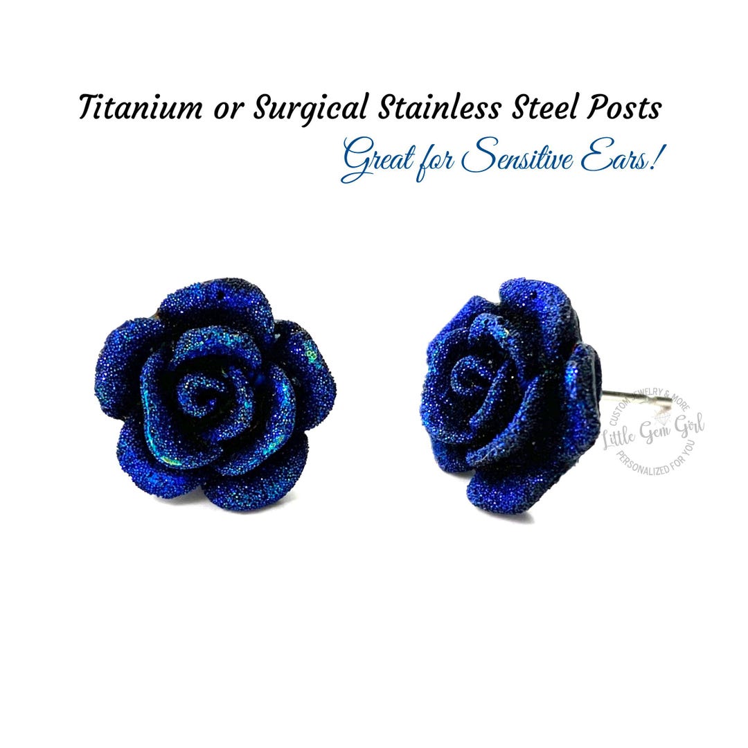 13mm Tiny Navy Blue Sparkly Rose Earrings - Iridescent Blue Glitter ...