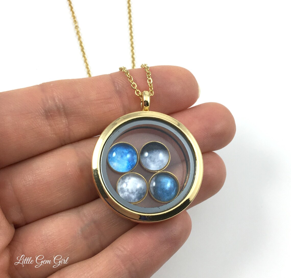 Custom Birth Moon Floating Locket Necklace 1 4 Moon Phase | Etsy