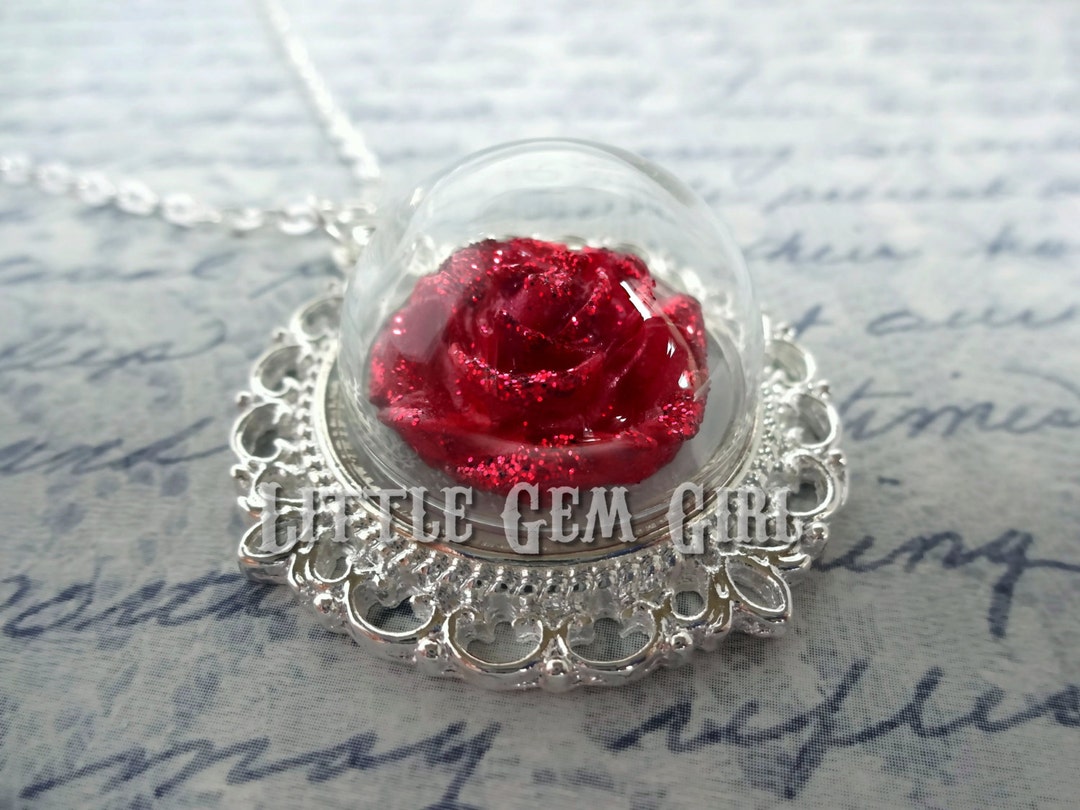 Enchanted Red Rose Necklace - Beauty and the Beast Rose Jewelry Silver ...