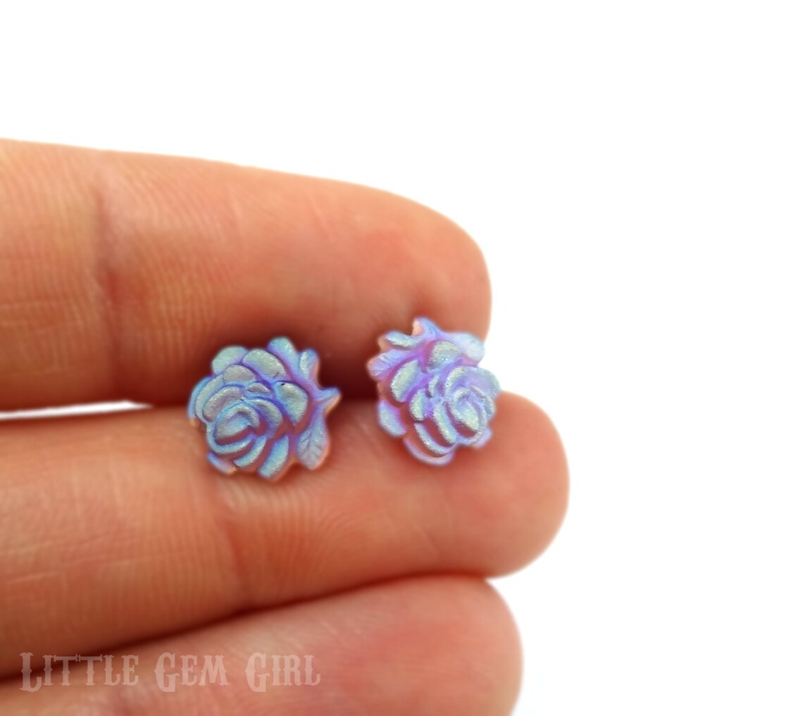 Tiny Rose Studs Blue Amethyst Rose Studs Titanium or - Etsy