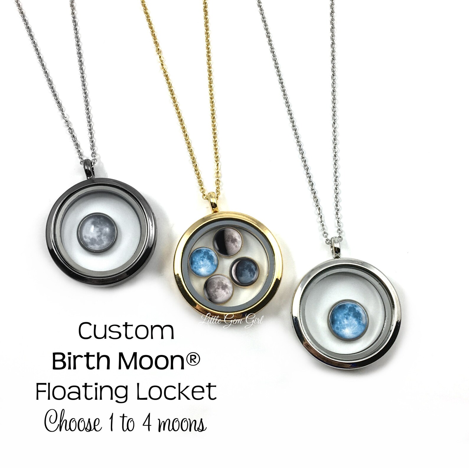 Custom Birth Moon Floating Locket Necklace 1 4 Moon Phase | Etsy
