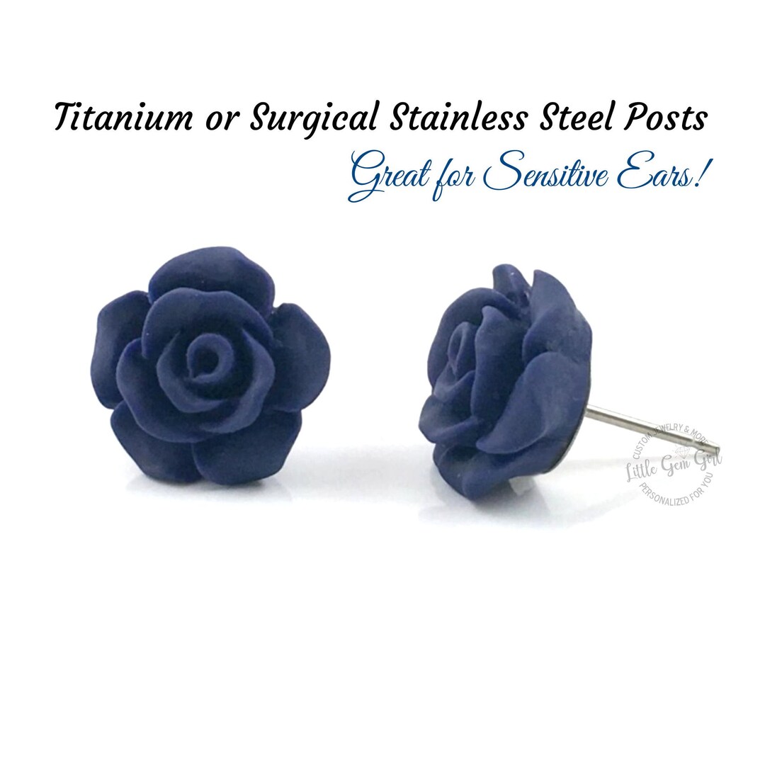 13mm Navy Blue Rose Earrings - Matte Blue Rose Studs - Hypoallergenic ...