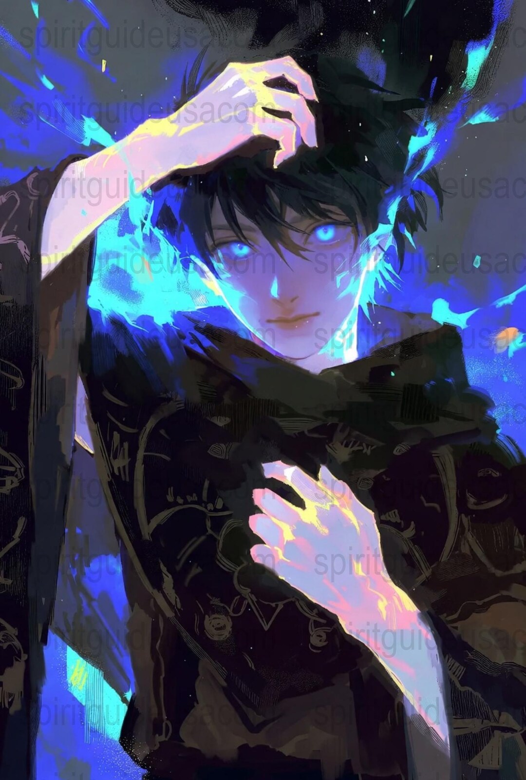 Blue Flame Anime Boy Art Journal, Notebook, Canvas Print Poster ...