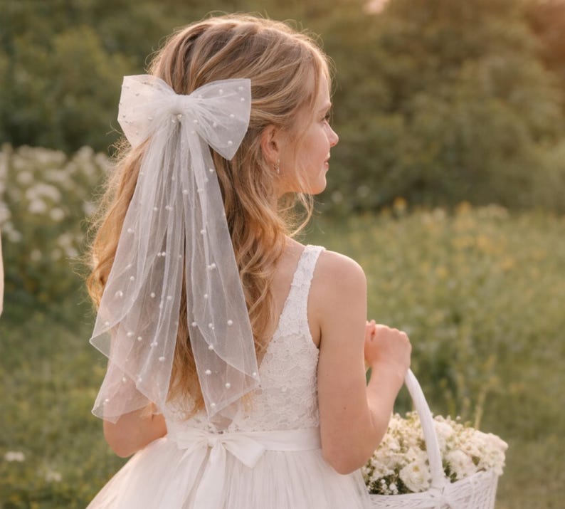White Tulle Bow With Pearls – Flower Girl Hair Bow, First Communion ...