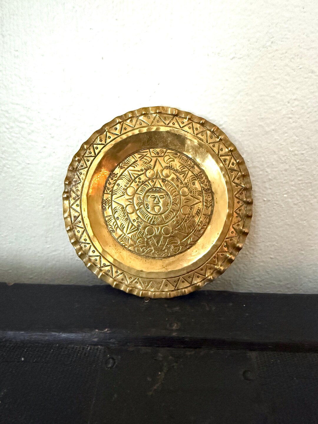Vintage Brass Aztec Sun Stone Engraving Plate, Mesoamerican Calendar ...