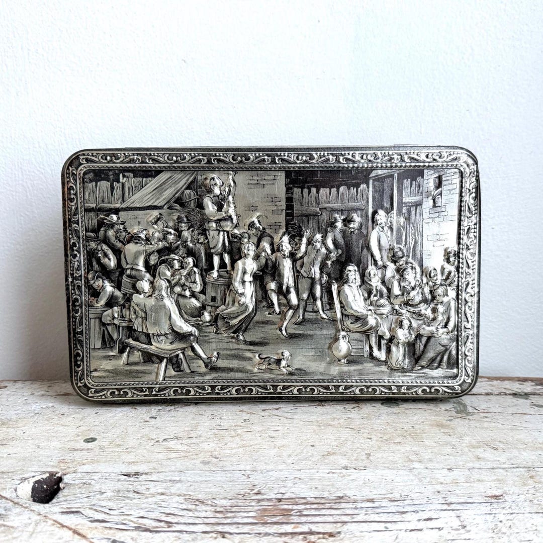 Vintage 1950s Teniers Embossed Tin Box – Belgium Silvertone Hinged ...