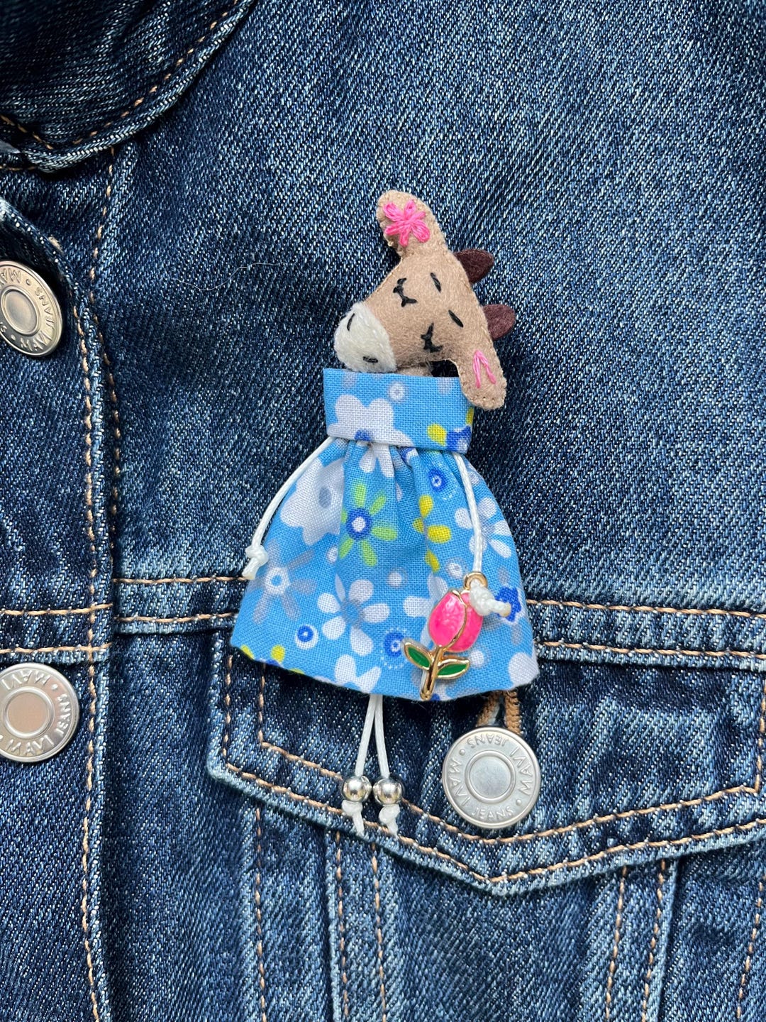 Handmade Fabric Cow Brooch for Her, Blue Floral Dress, Whimsical Farm ...
