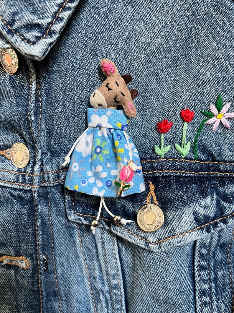 Handmade Fabric Cow Brooch for Her, Blue Floral Dress, Whimsical Farm ...