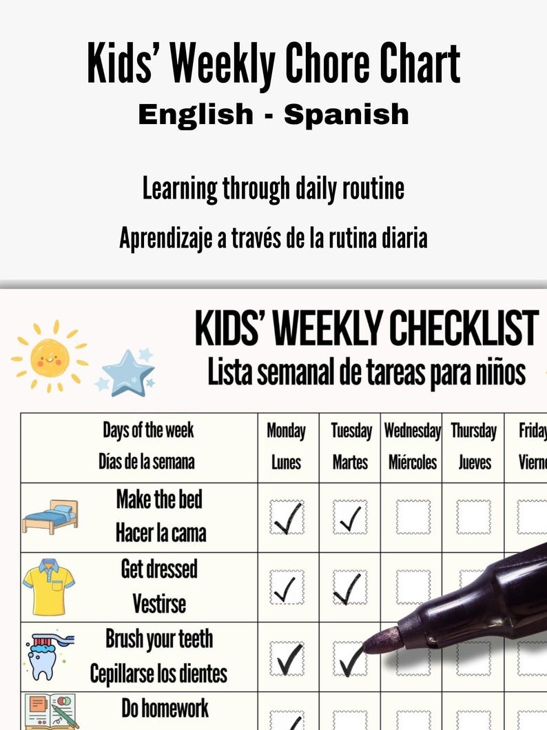 Kids Chore Chart Printable, Weekly Routine Chart for Kids, English ...