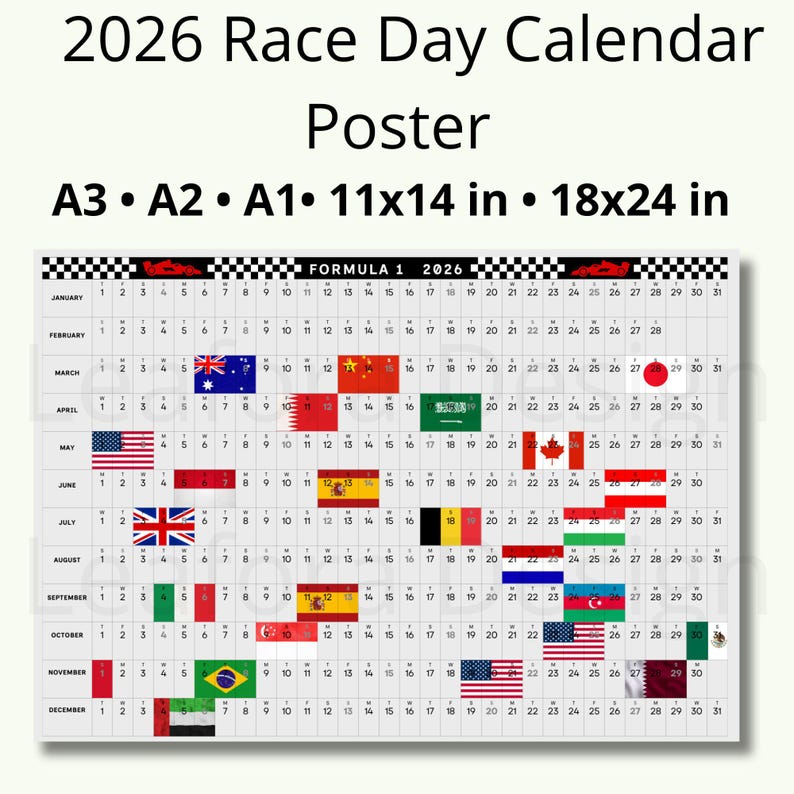 F1 2026 Race Day Calendar Poster Printable Instant Download - Etsy
