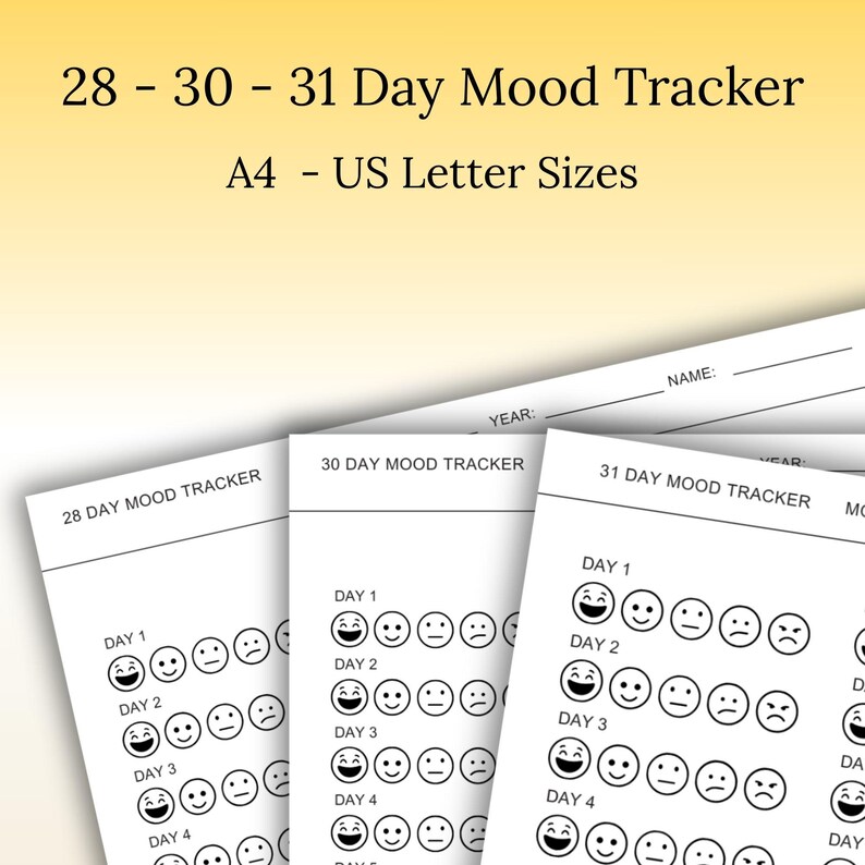 Monthly Mood Tracker • Printable PDF • 28 / 30 / 31 Day Mood Chart - Etsy