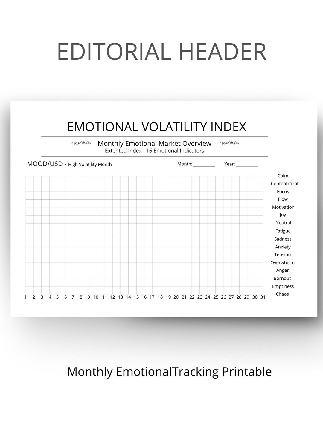Emotional Volatility Index Printable | Monthly Mood Tracker (PDF ...