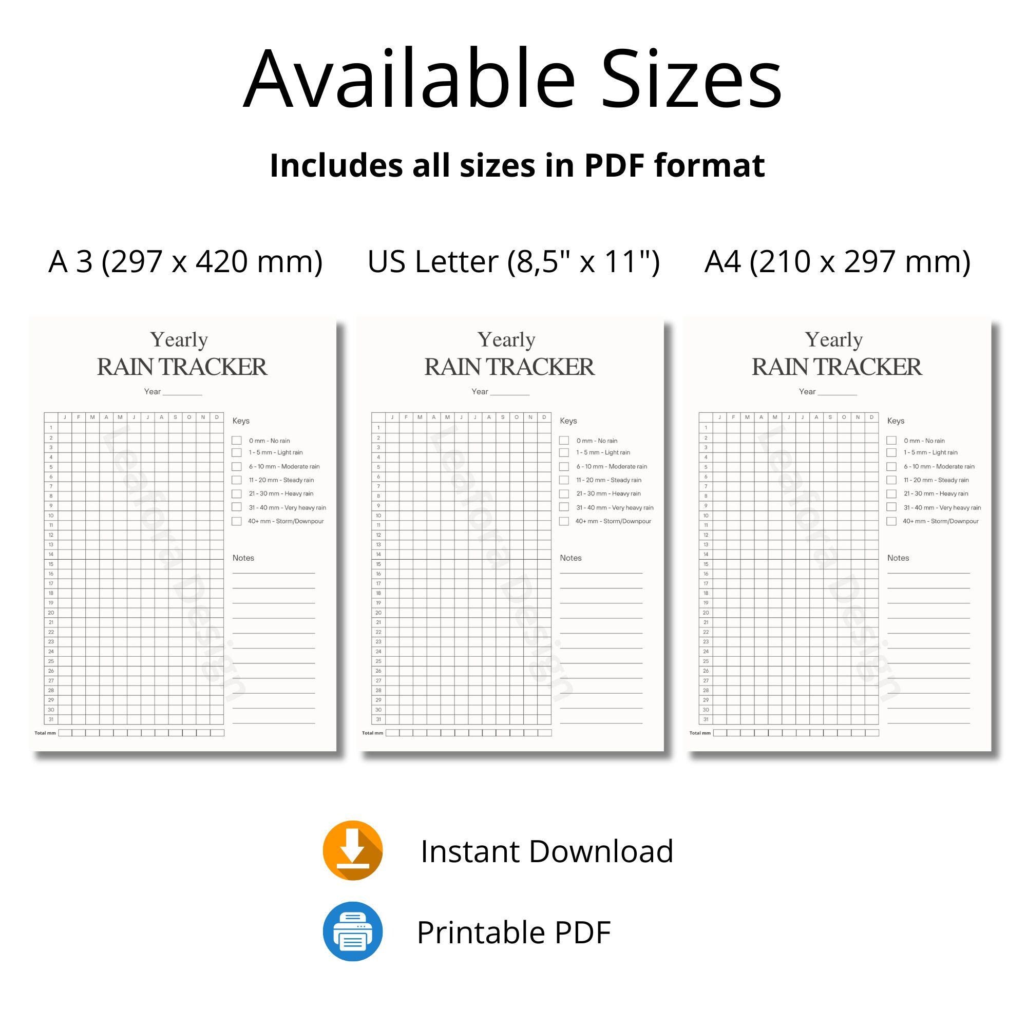 Yearly Rain Tracker • Printable Rainfall Log • A4 • A3 • US Letter PDF ...