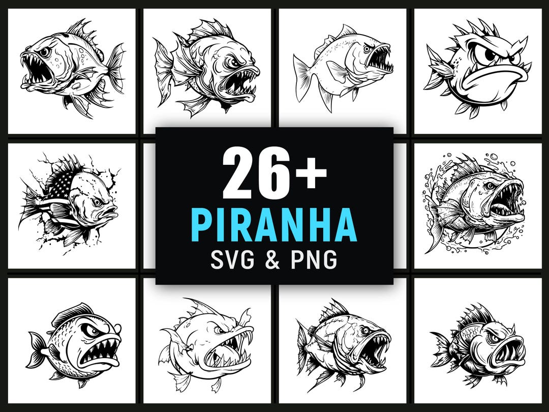 Piranha SVG PNG for Print and Engraving Design, Fish Clipart Silhouette ...