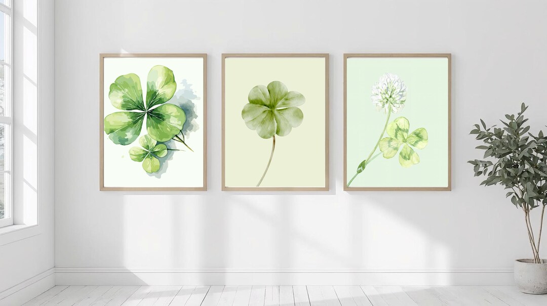Three Piece Watercolor Clover Wall Art Set – Green Botanical Prints ...