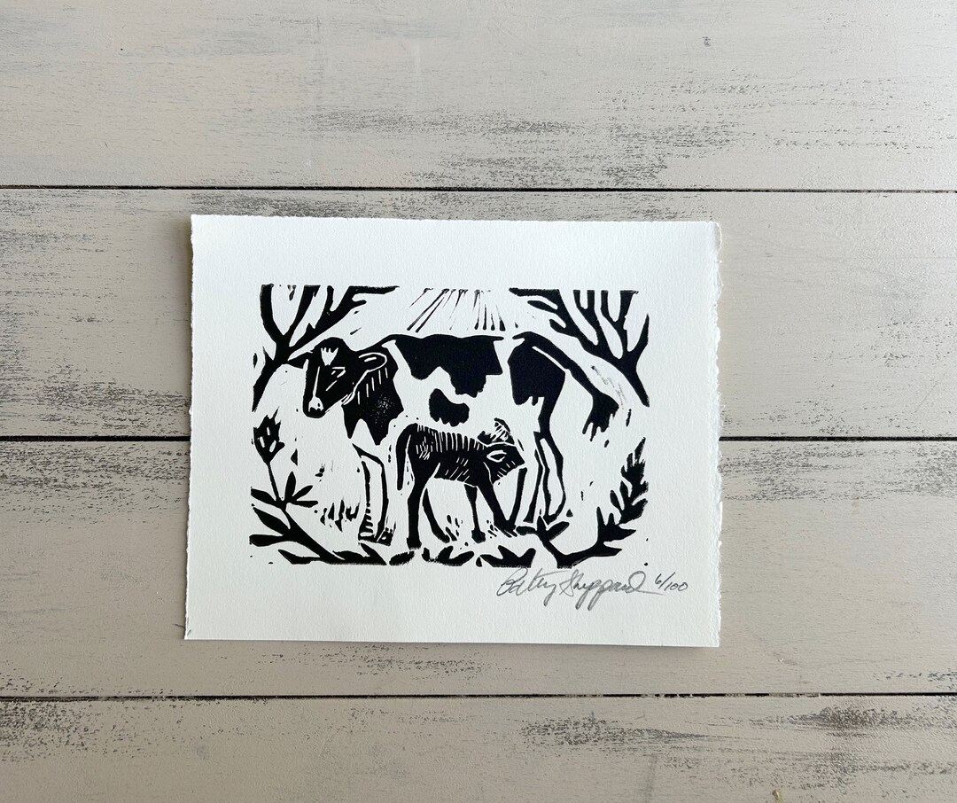 Cow, Handmade Lino Print, Animal Print, Cow Calf Art, Handmade Print ...